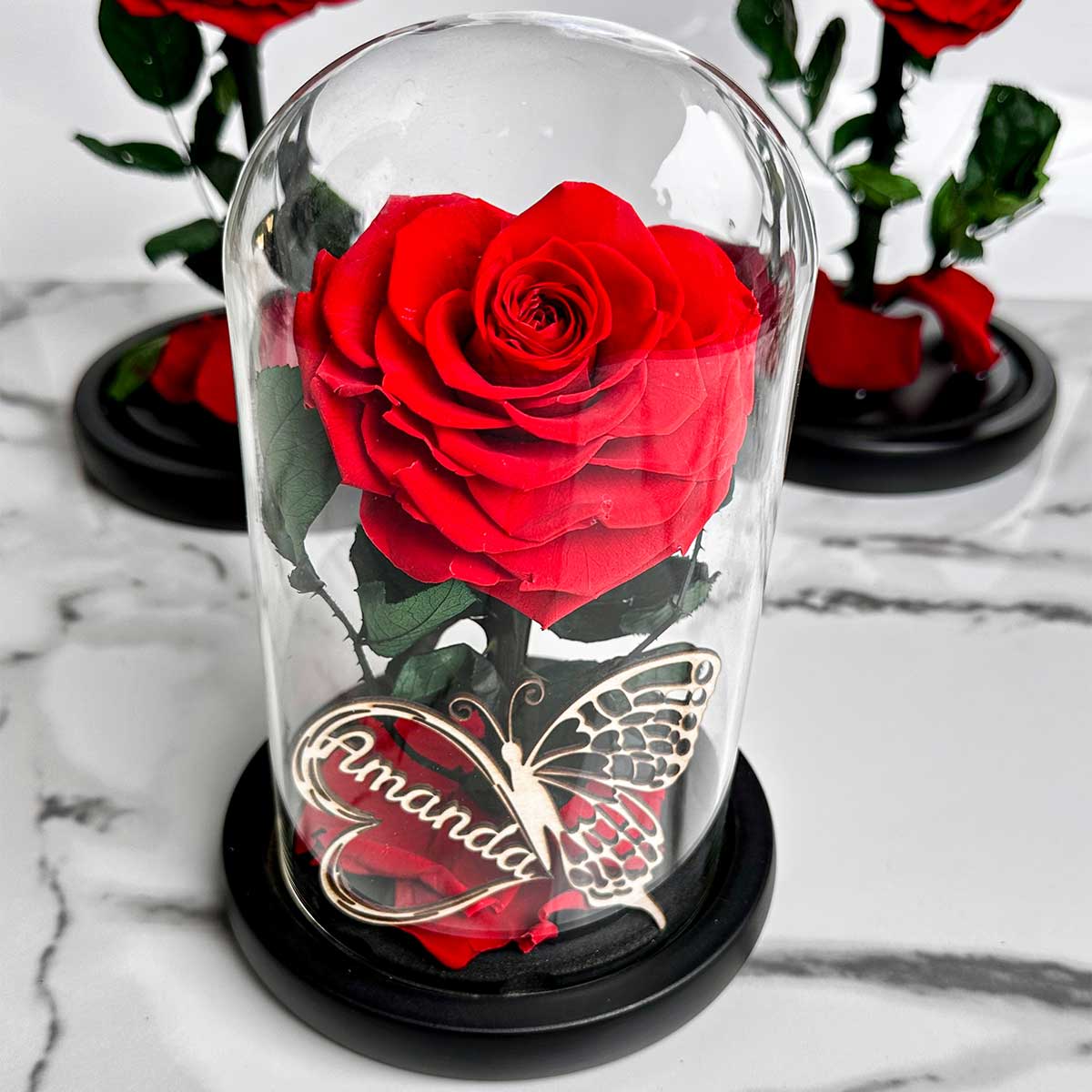 Customized Name Tag With Heart Shape Preserved Rose In Glass Dome And Abigail Boutique